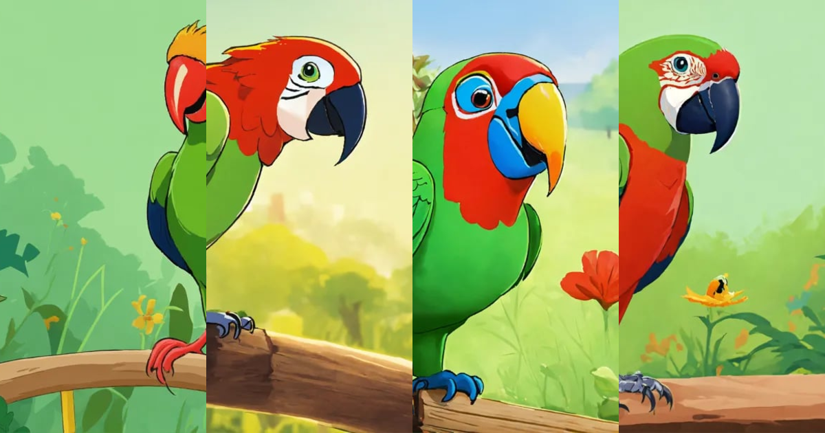 Lexica - Green parrot with a red beak in a garden, style of Donald ...
