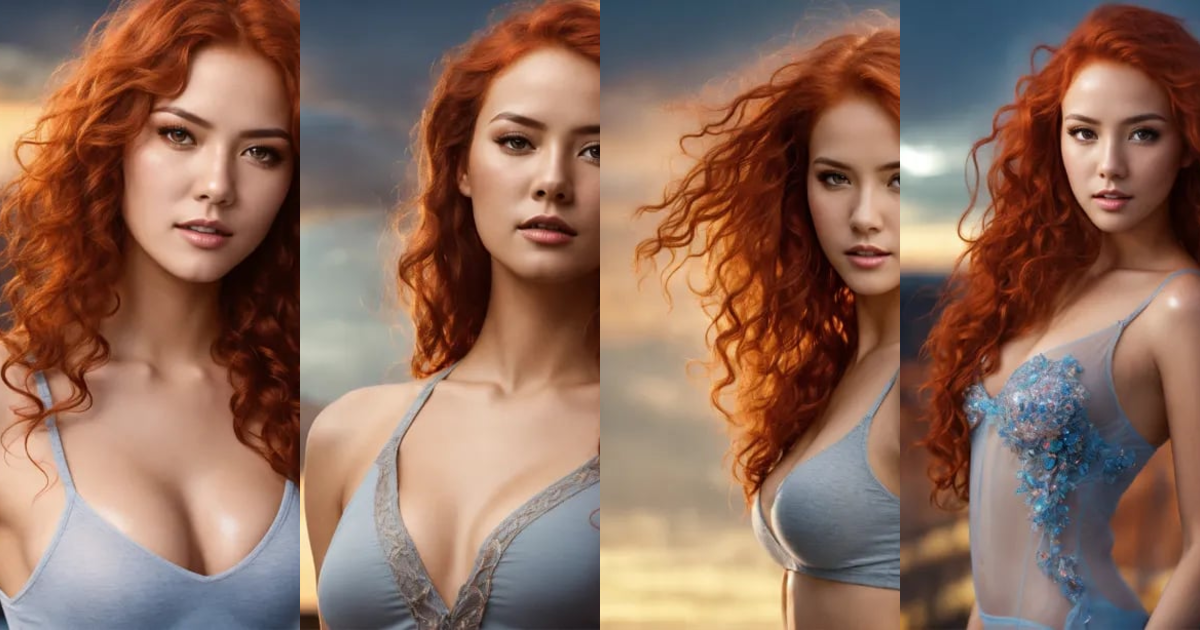 Lexica - The female is uncovered, long red curly hair, wind in hair, 38D cup, standing, building ...