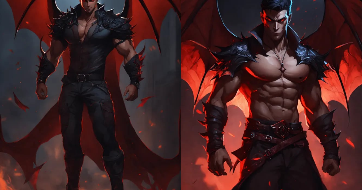 Lexica - A handsome demon man with broad shoulders, muscular frame, tan ...