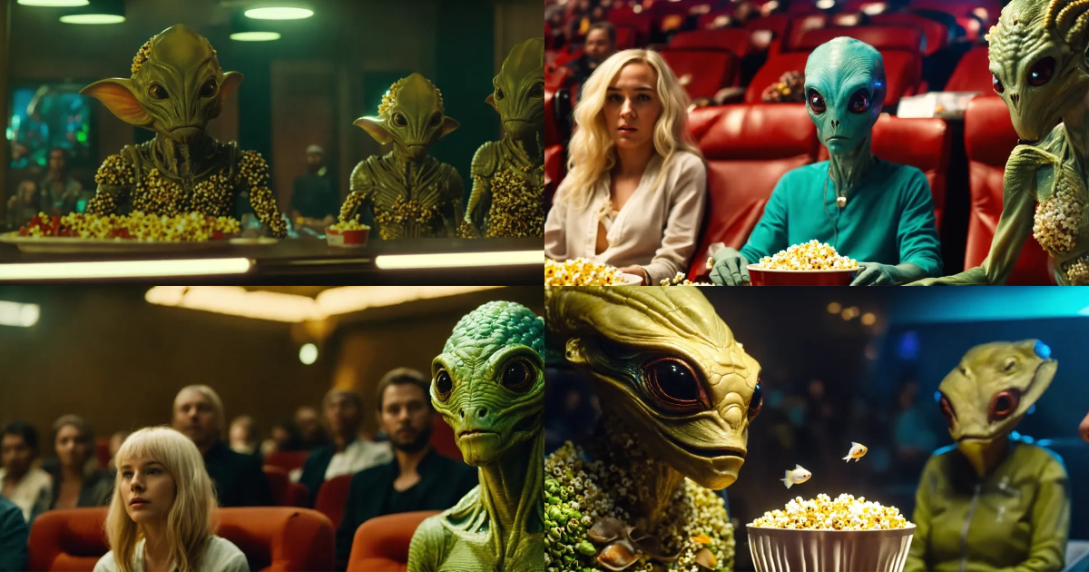 Lexica - Humanoid alien family with a fish head, in cinema, pop-corn ...