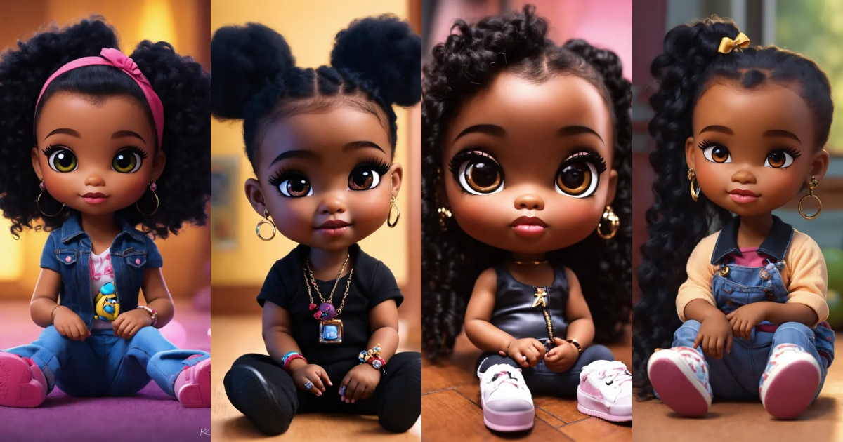 Lexica - Cute little black bratz baby girl sitting on the floor pixar chibi