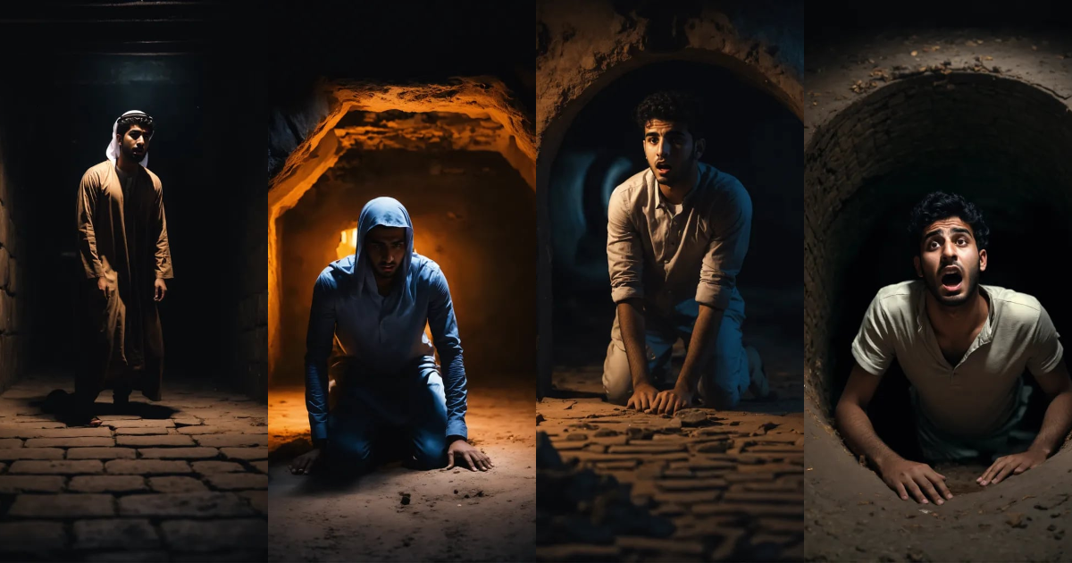 Lexica - A young arab man falling on the floor of a deep dark empty ...
