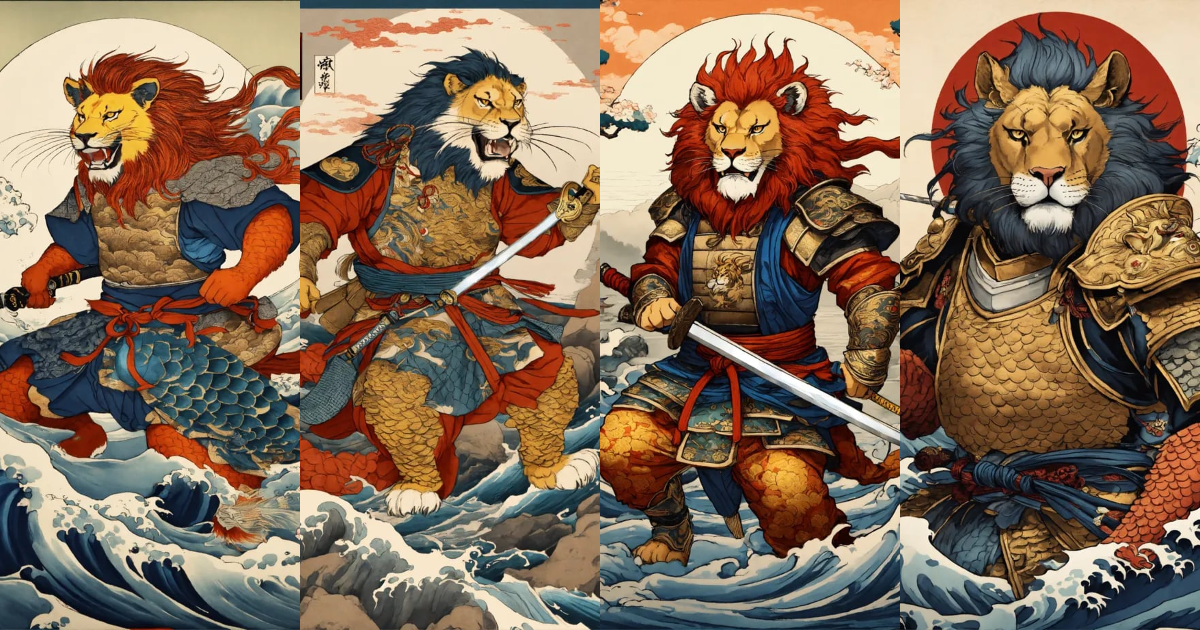 Lexica - There is a lion with a fish and a sword on a white background ...