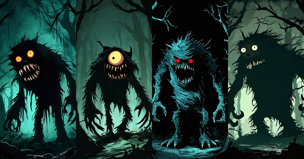 Lexica - Scary monster, in a dark forest, cartoon, cell shaded, horror