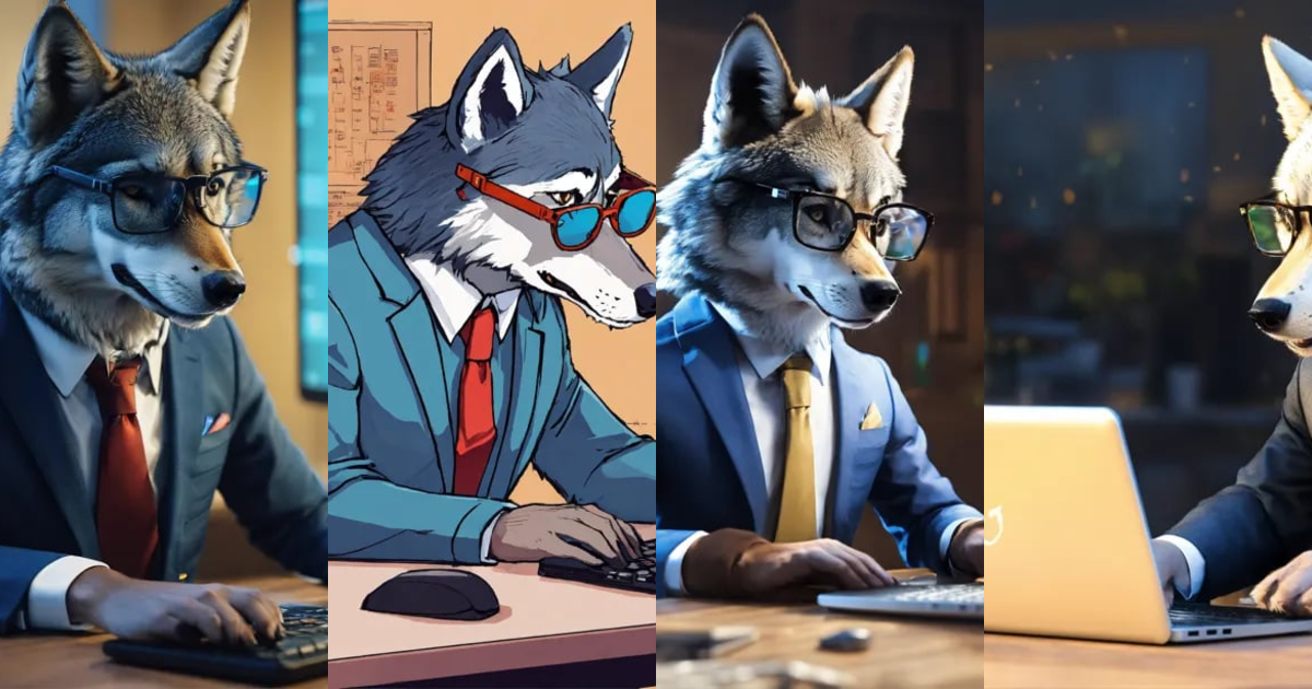 Lexica - A wolf wearing a suit with glasses coding on computer