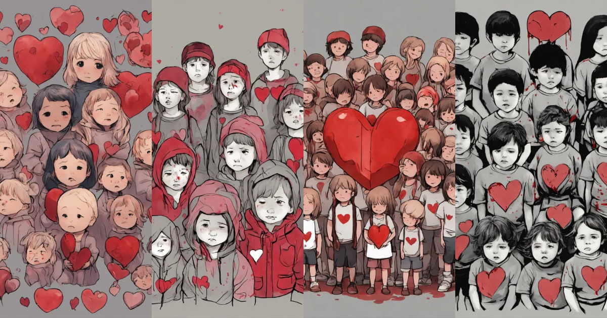 Lexica - Please generate a drawing of a big group of sad children and ...