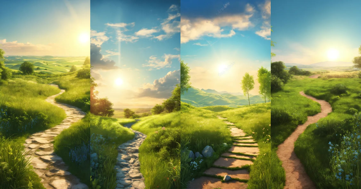 Lexica - Detailed landscape of grass and vegetation, paths, blue sky ...