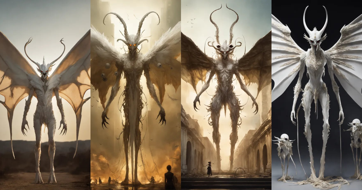 Lexica - 16-foot-tall, all-white, abstract slender winged demon, with 3 ...