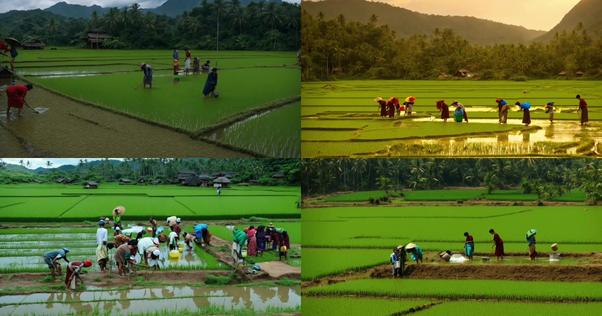Lexica - People standing in the middle of a rice field collecting water