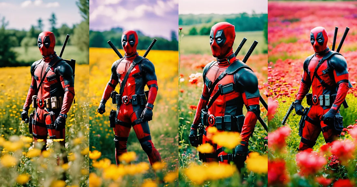 Lexica - Happy Deadpool standing in a beautiful field of flowers ...
