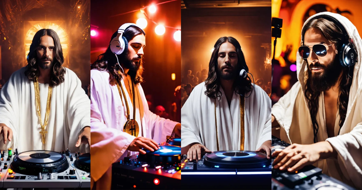 Lexica - Jesus christ with white robe celebrating Halloween in a club ...