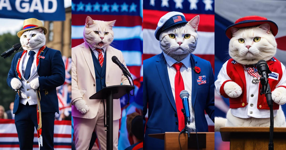 Lexica - A white british shorthair cat wearing giving a speech, on ...