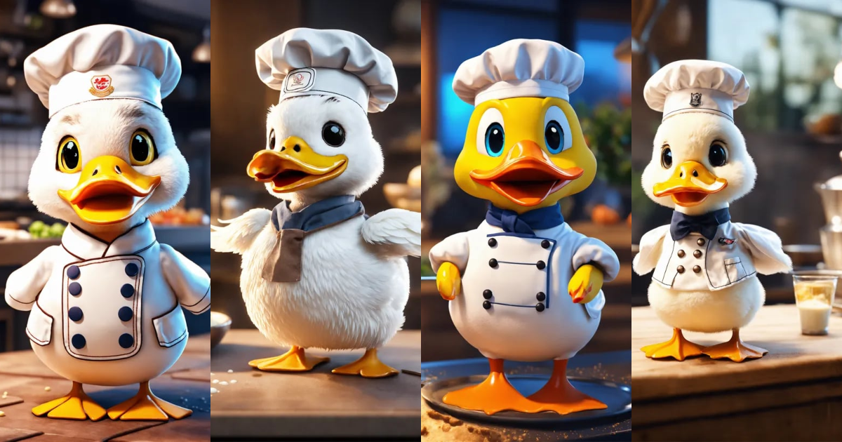 Lexica - A cute duck wearing a chef uniform covered in white cream ...