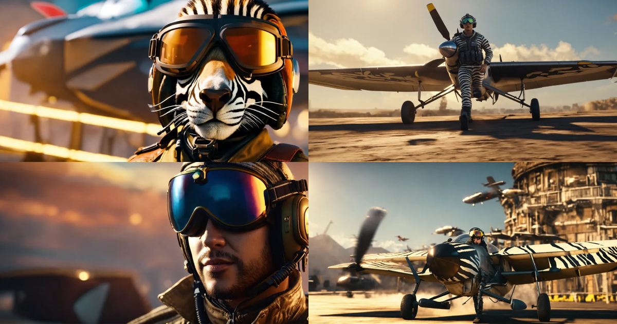 Lexica - A zebra pilot wearing aviator goggles, action movie, unreal ...