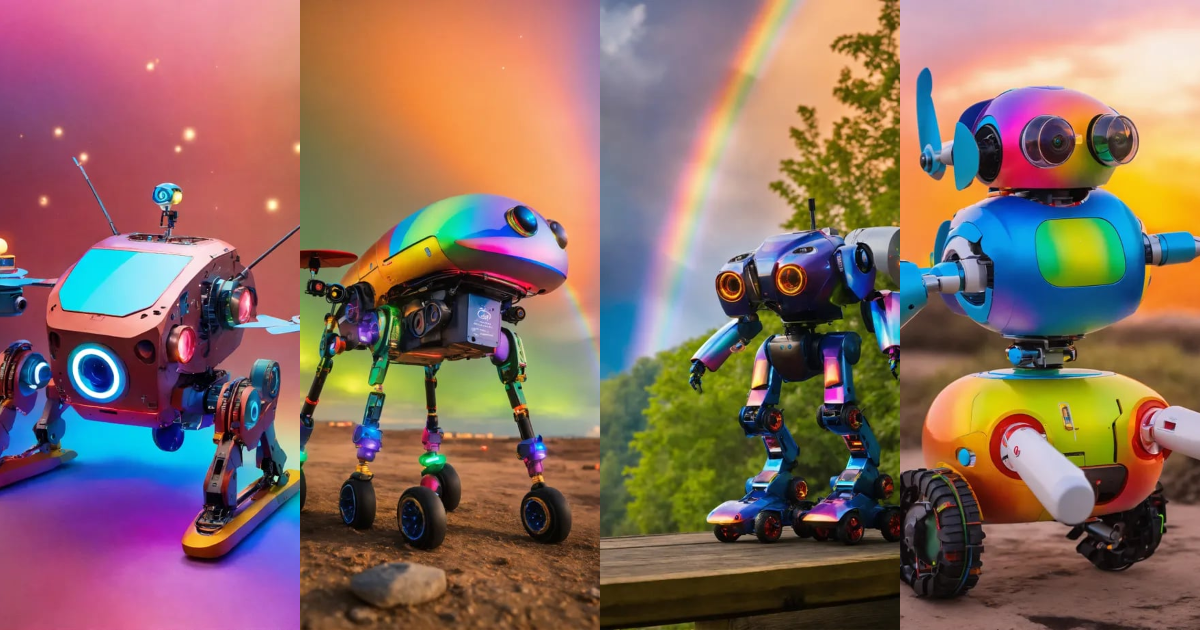 Lexica - Ultra realistic friendly flying robot named Steve, rainbow colored