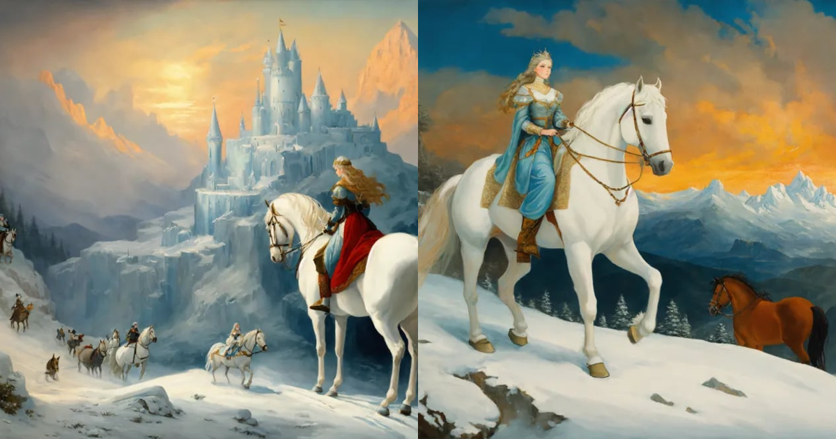 Lexica - The snow queen rides a white horse on a snowy mountain to her ...