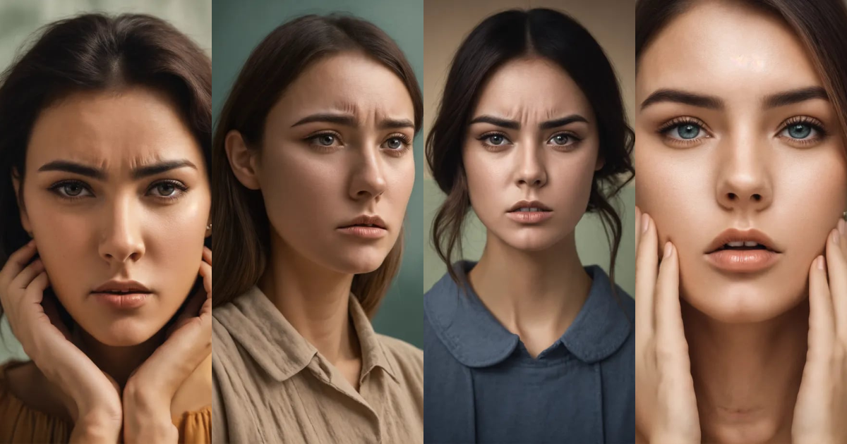 Lexica - Front on woman face front on symmetrical confused expression ...