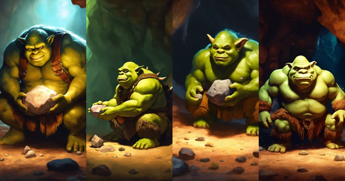 Lexica - Ogre playing with a little rock in a cavern, digital painting ...