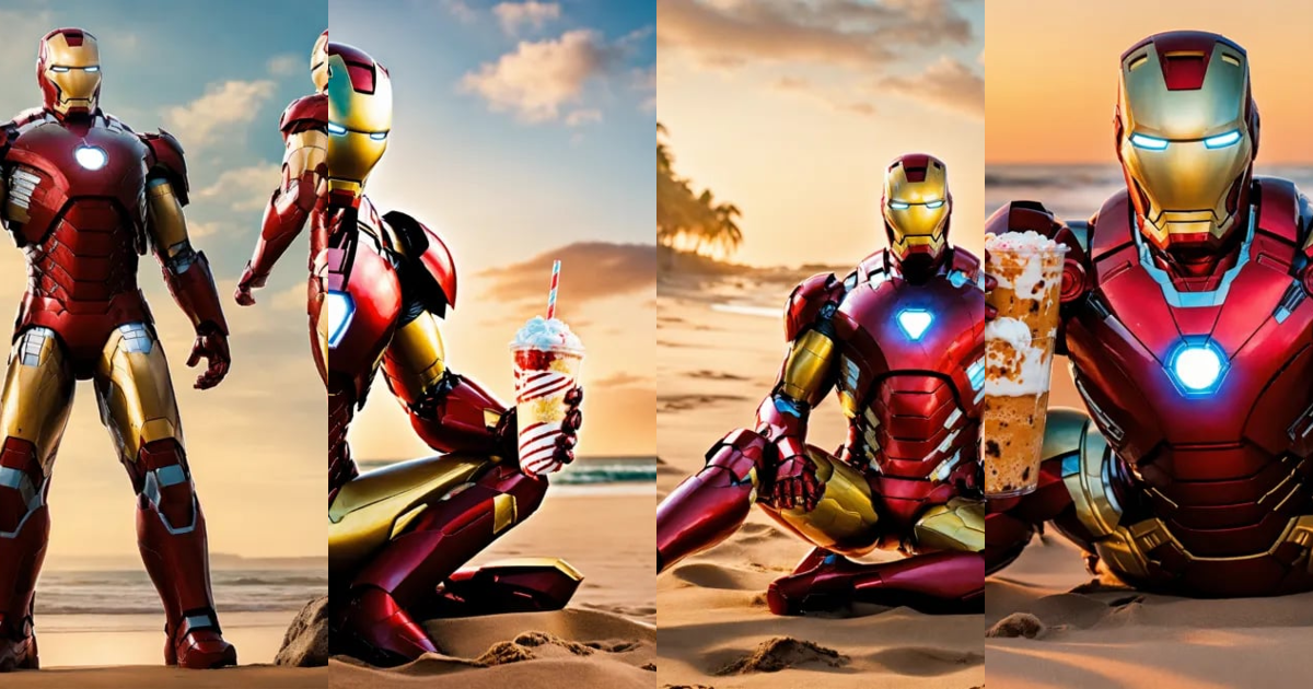 Lexica - Herói iron man, sentado na praia, comendo sorvete e milkshake 8k