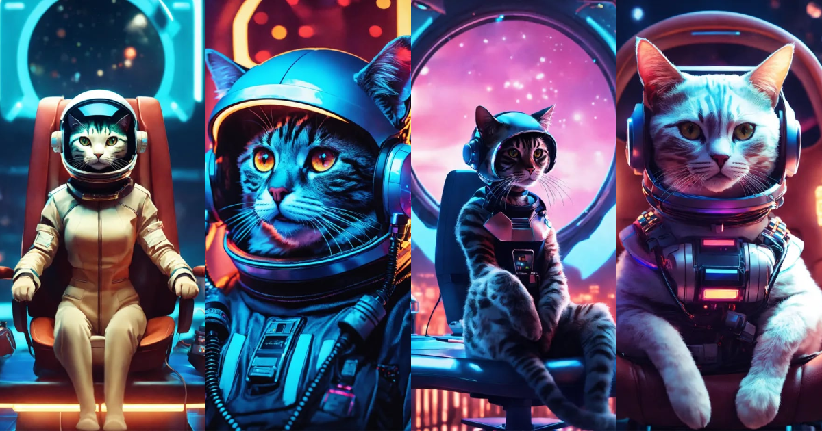 Lexica - Shorthair cat wearing a space helmet sitting at command chair ...