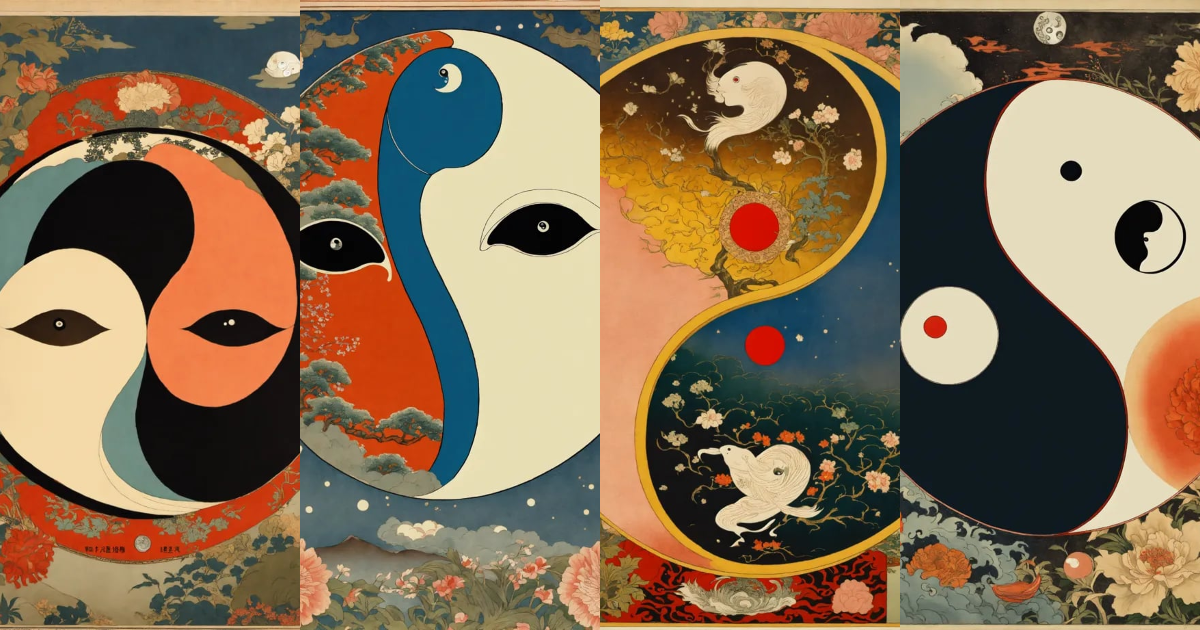 Lexica - Japanse vintage poster ying yang containing two faces merging ...