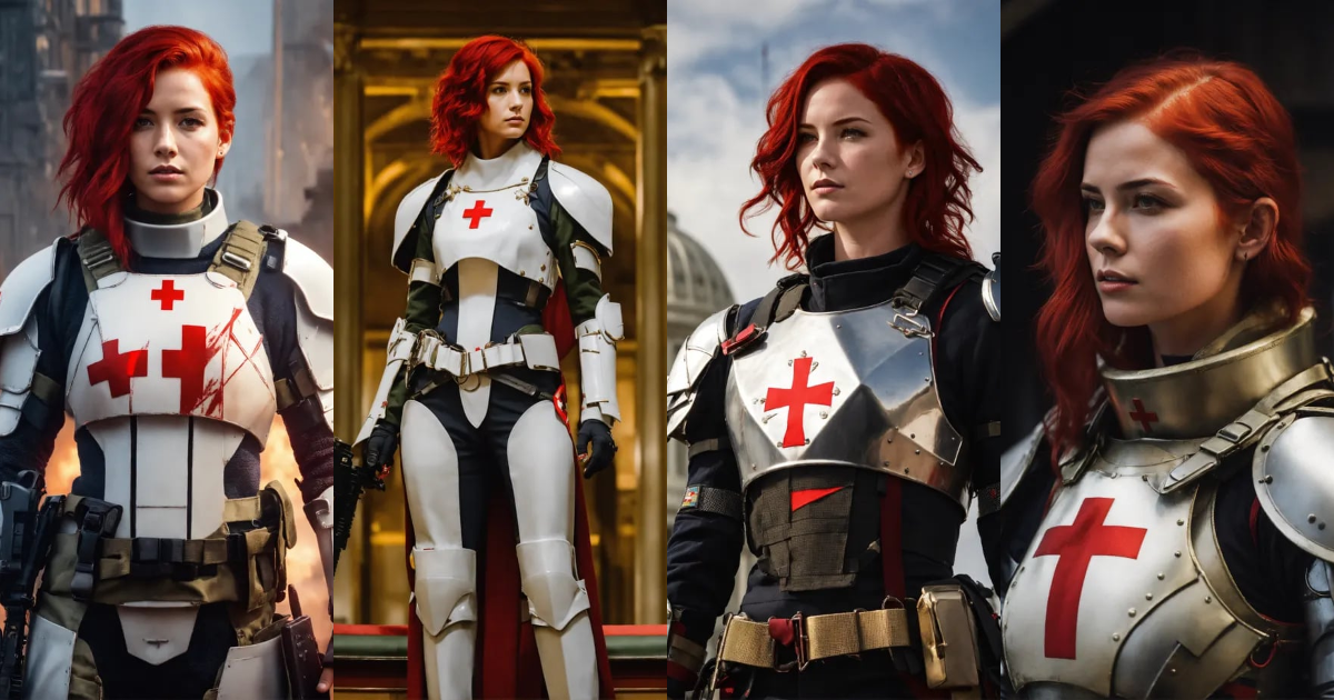 Lexica - Female with red hair and wearing metal white military armor ...