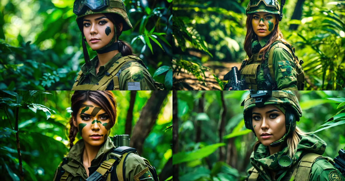 Lexica - Female commandos cosplay in jungle, perfect face, camouflage ...