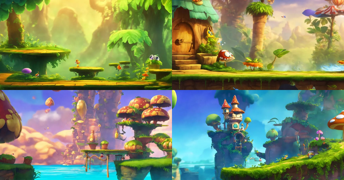 Lexica - Rayman style platform background with hyper realistic 8k scenes