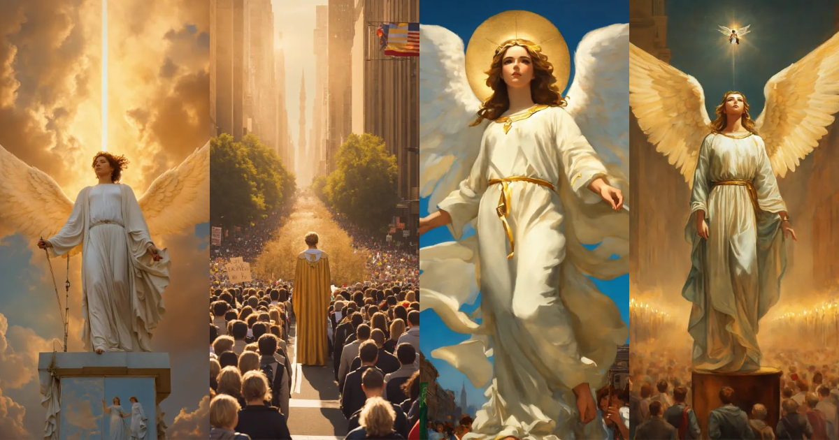Lexica - An angel looking down on earth at the people marching