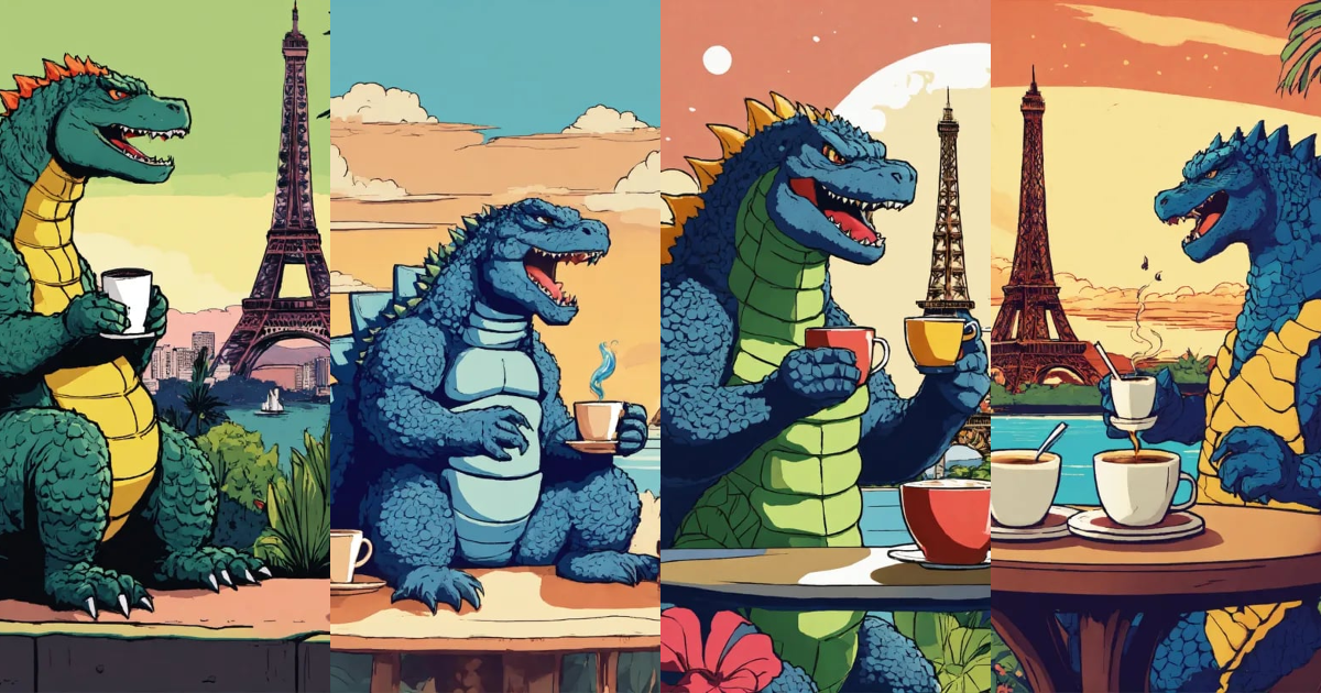 Lexica - Godzilla in Hawaiian style drinking a coffee in front of the ...