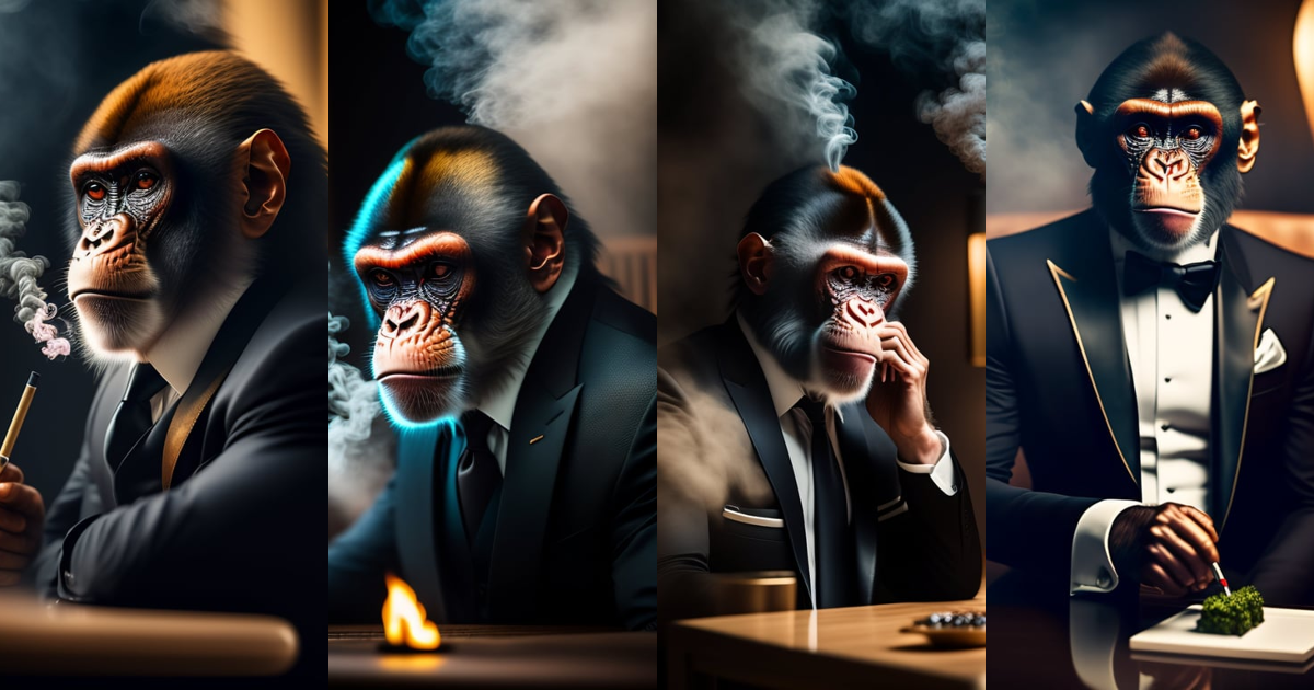 Lexica - Elegant monkey, black suit, smoking a very smoky cigarette ...