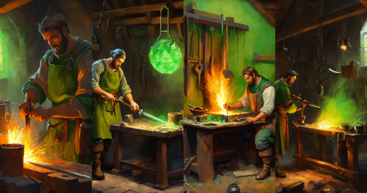 Lexica - Fantasy painting of Medieval Blacksmith, forging a green ...