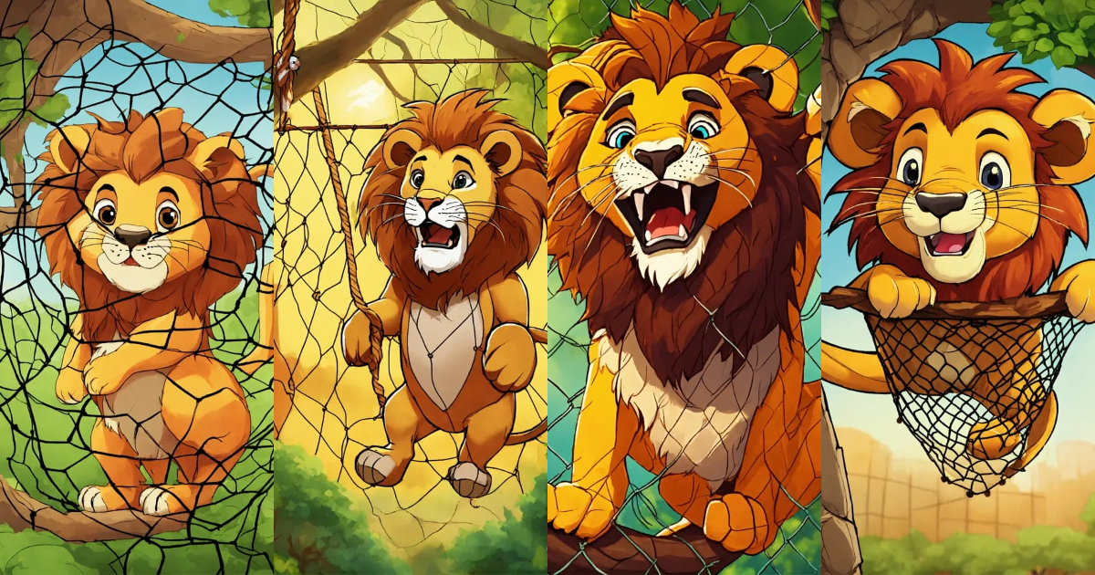 Lexica - Let cartoon lion trapped in net and hung to tree