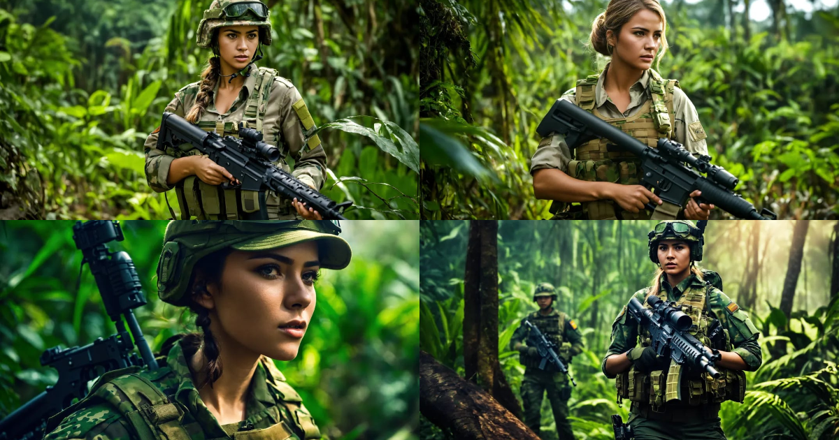 Lexica - Female commandos in jungle, perfect face, full camouflage, HDR ...
