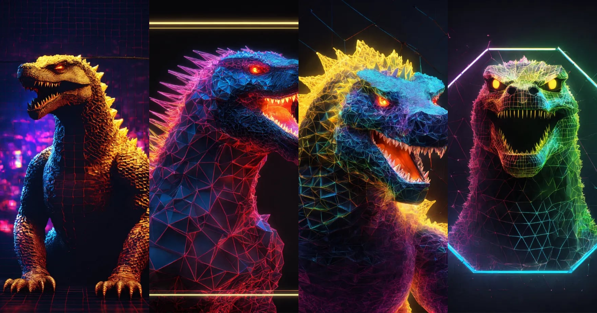 Lexica - Digital wire neon Frame Godzilla polygon with small eyes 3d ...