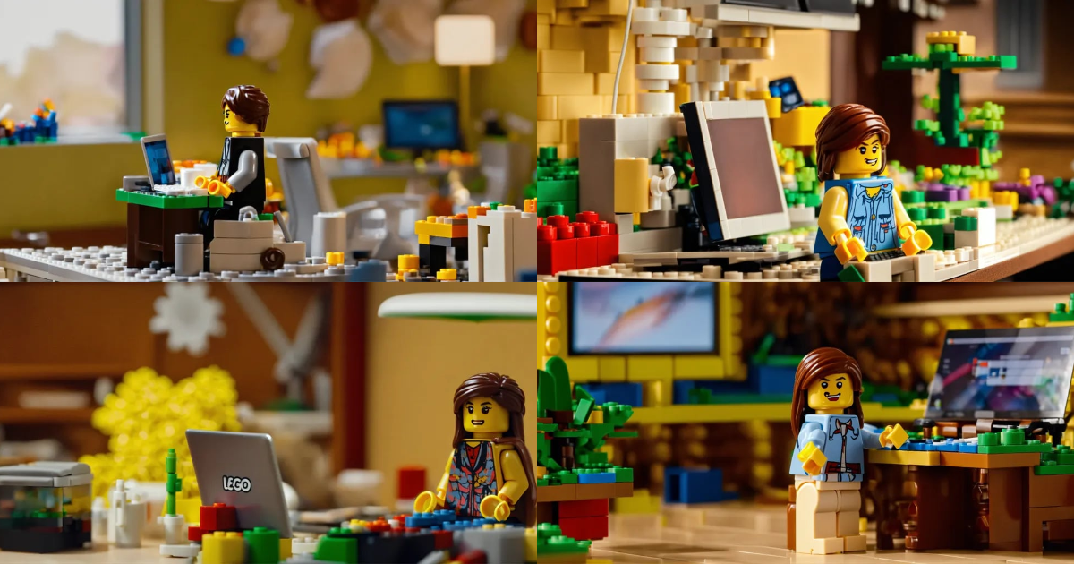 Lexica - Lego setup An office, with a female person working on her laptop.