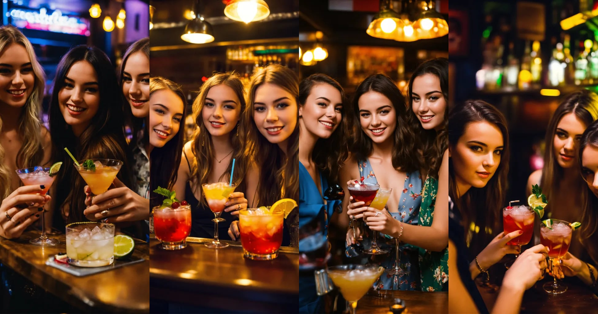 Lexica - A group of 21 year old british girls drinking cocktails in a bar