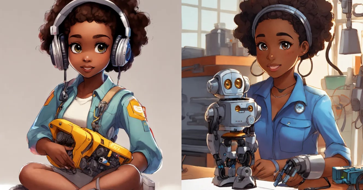 Lexica - Make me Cartoon little African American dark skinned black girl engineer building a ...