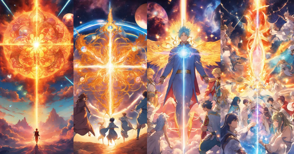 Lexica - A group of celestial beings merging, a ray from the heart ...