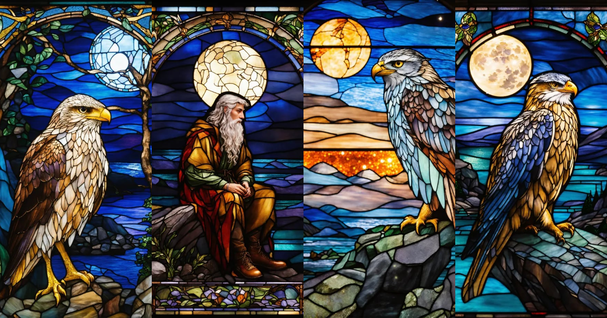 Lexica - Stained glass window of Merlin in the moonlight, sitting on a ...