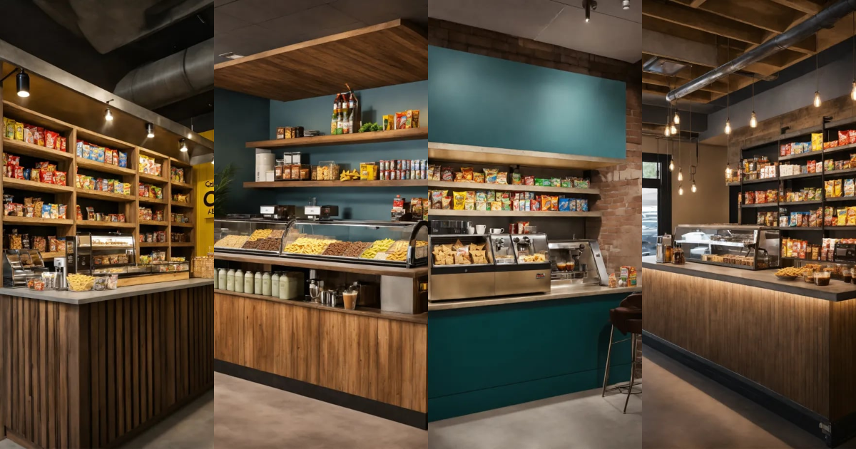 Lexica - A self serve breakroom snack bar with snacks on an easy to reach shelf for employees to ...