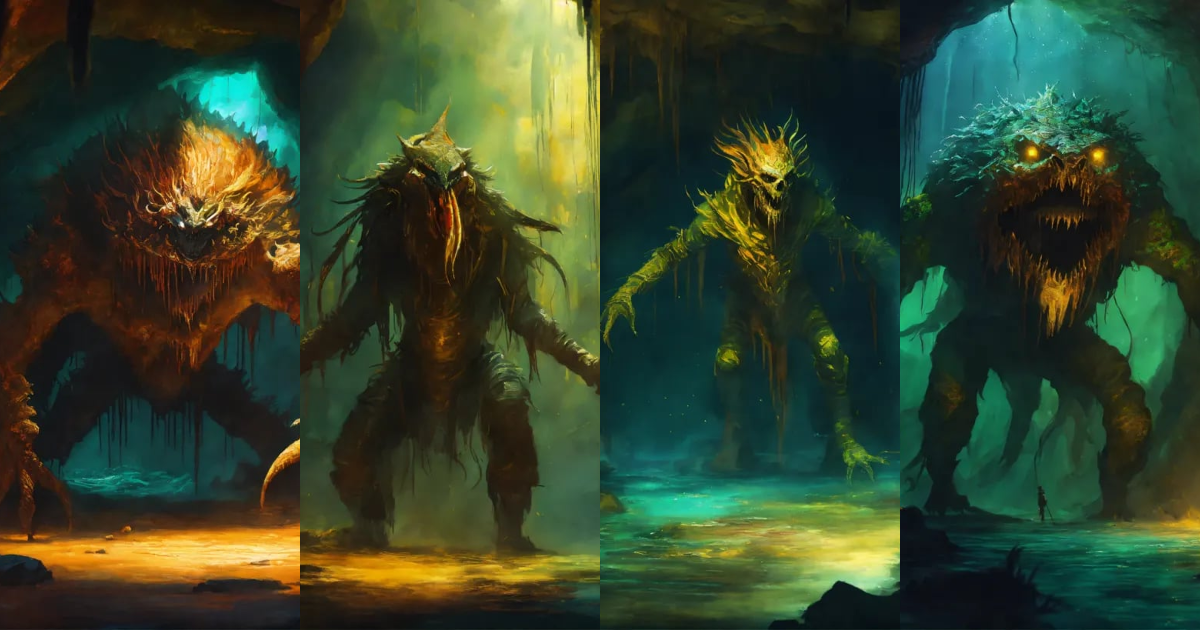 Lexica - Concept art of a scary creature in the dephts of a cave cenote ...