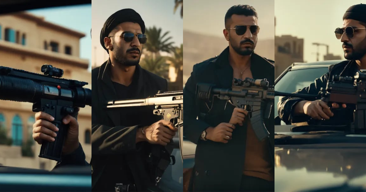 Lexica - An arabic mafia male with machine gun from car sunroof, day ...