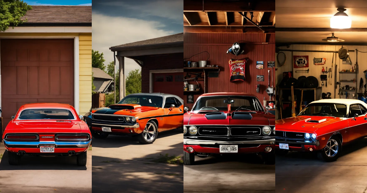 Lexica - Garage scene, rockabilly atmosphere, with a Dodge Challenger