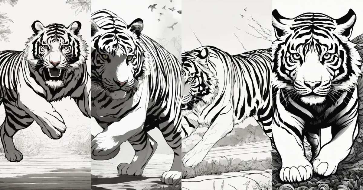 Lexica - Black and white line drawing, tiger leaping toward you, wings ...