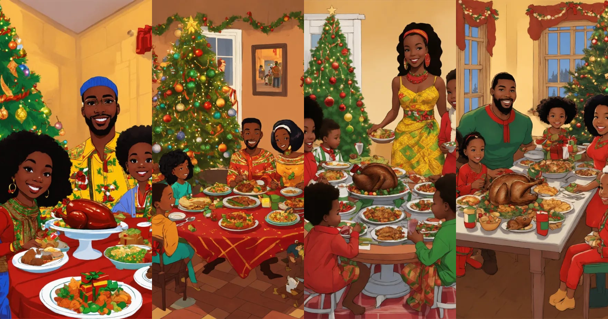 Lexica - Cartoon of black family dressed in Ashanti clothes, eating at ...