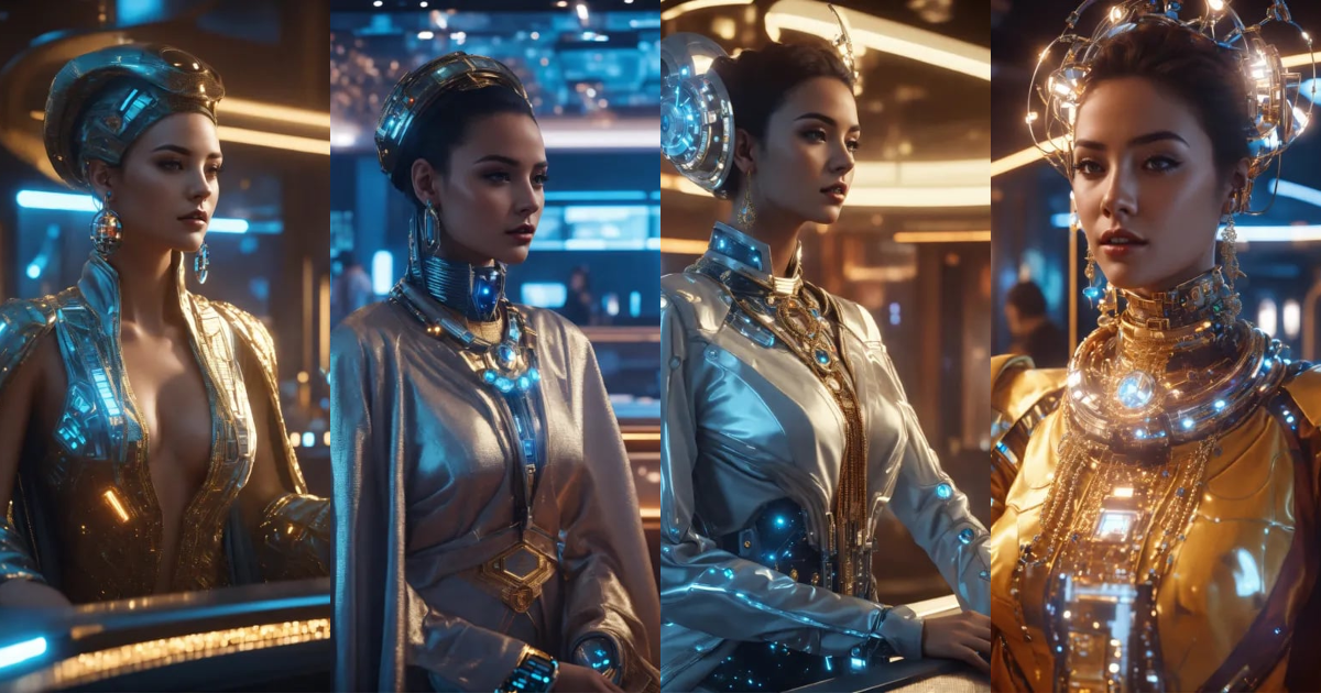 Lexica - Zoom out from an alluring beautiful humanoid, wearing a fancy ...