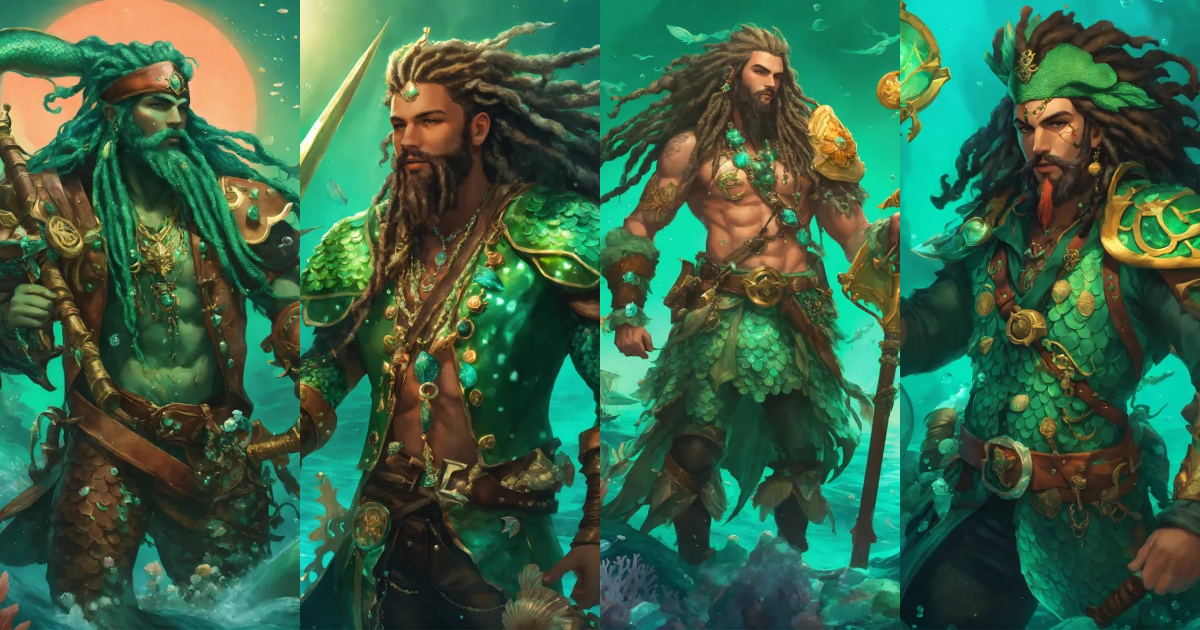 Lexica - A Merman pirate with emerald scales weathing coral and leather ...