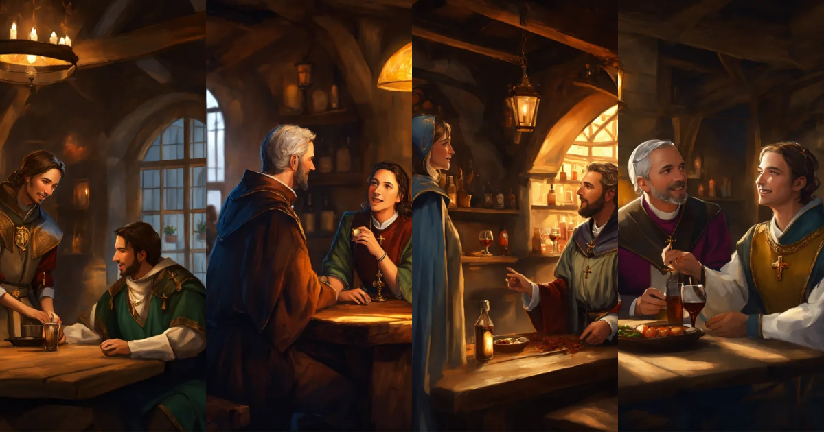 Lexica - Excited, realistic, digital painting of a priest talking to a ...