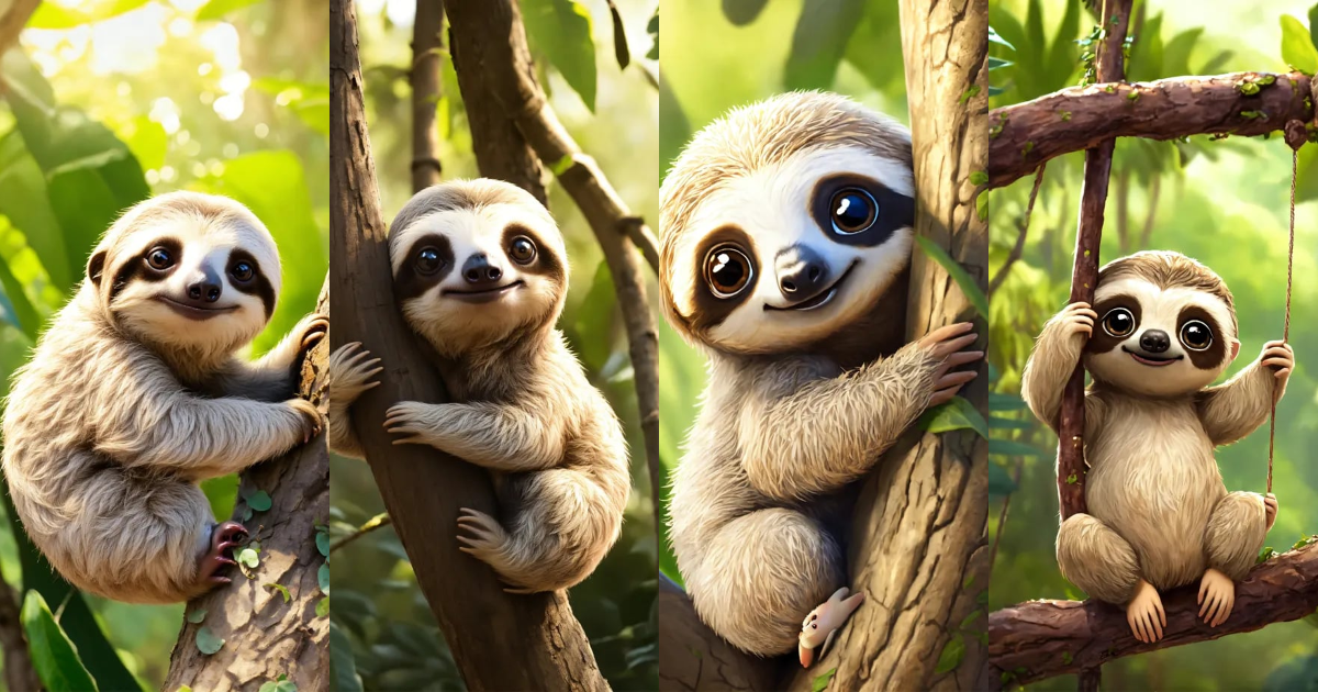 Lexica - A cute all white baby sloth with big eyes hanging from a tree ...